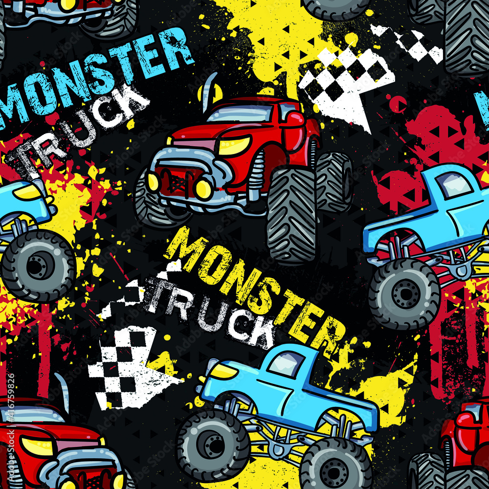 Abstract seamless Monster Truck car pattern on grunge shape cracked ...