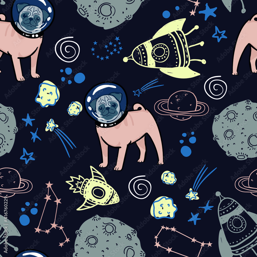 cartoon space pattern. Cute vector hand drawn pattern Stock Vector ...