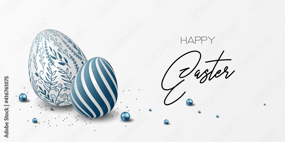 Vettoriale Stock Happy easter template with blue, white rustic floral ...