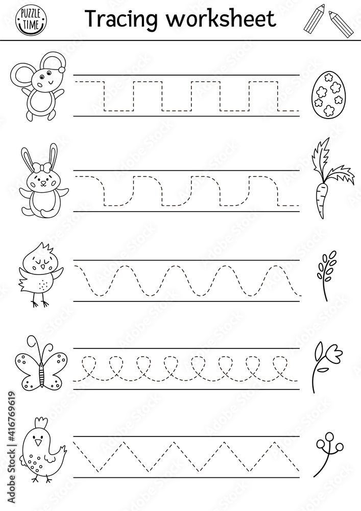 Vector Easter handwriting practice worksheet. Spring printable black ...