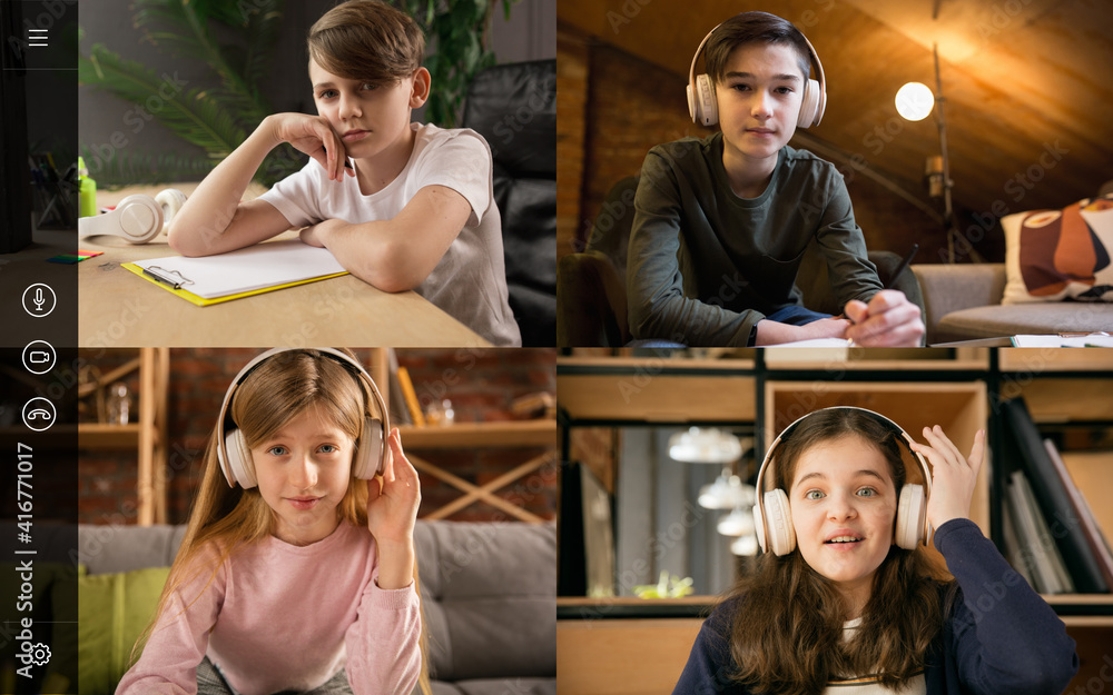 Devices. Group of kids, class studying by group video call, use video ...