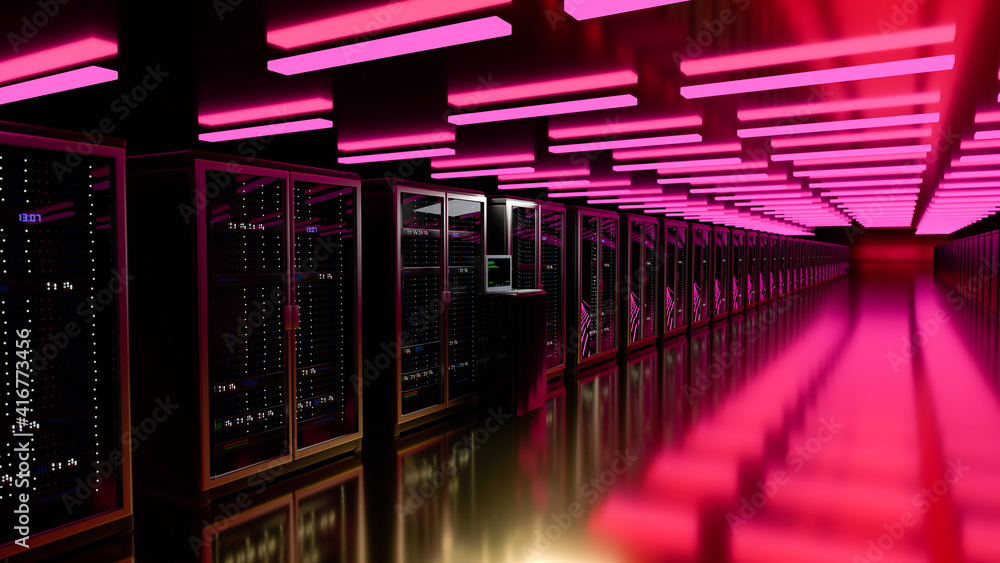 Server room data center. Rackmount LED console. Backup, mining, hosting ...