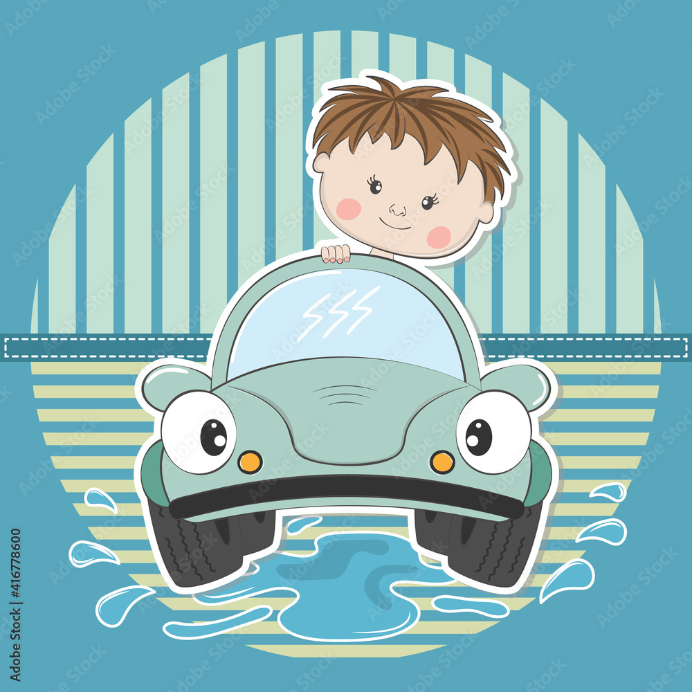 Cute young cartoon boy driving car. Vector illustration. Stock Vector ...