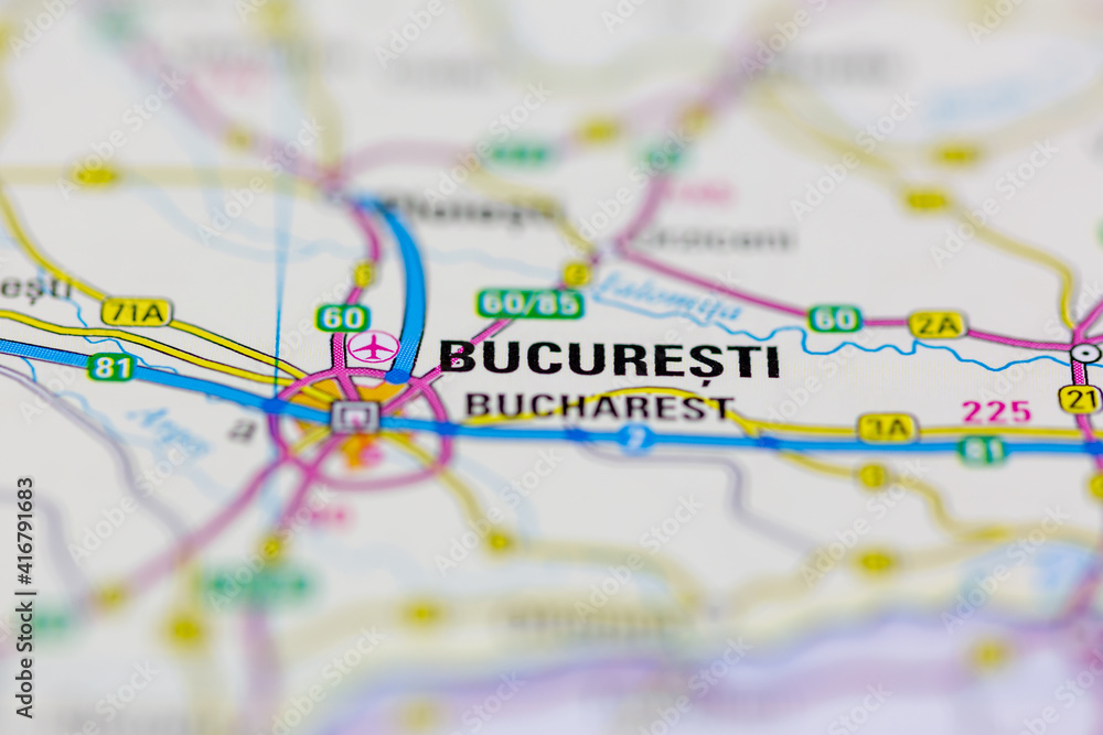 02-26-2021 Portsmouth, Hampshire UK Bucharest shown on a Road map or a ...