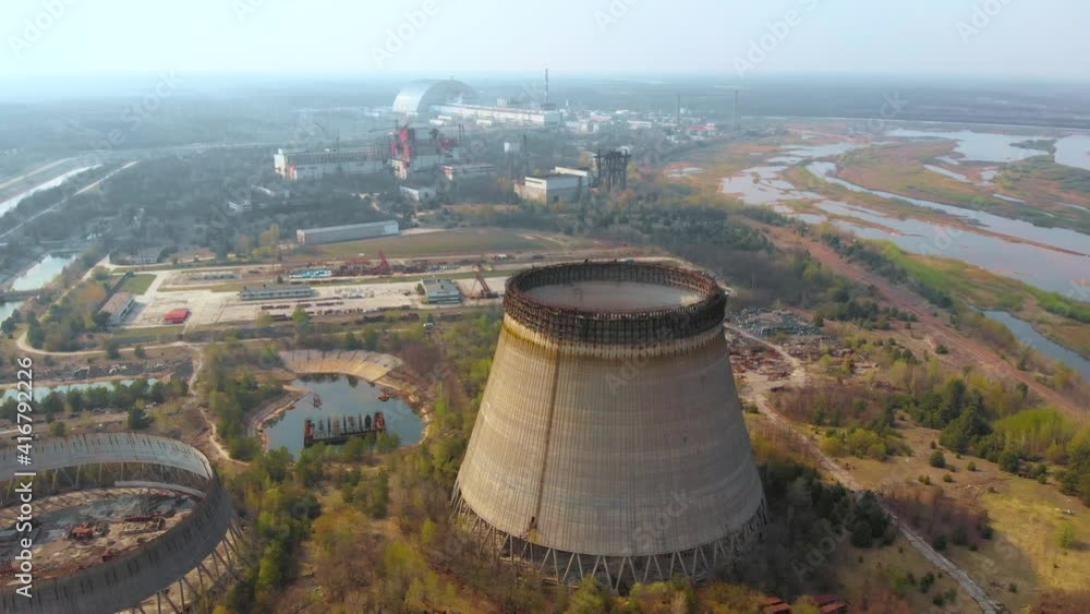 Chernobyl nuclear power plant. Landscape top view of the nuclear power ...