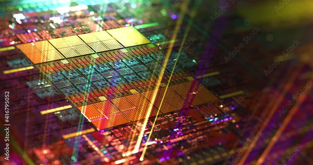 Abstract hologram 3D silicon CPU with futuristic matrix. Digital ...