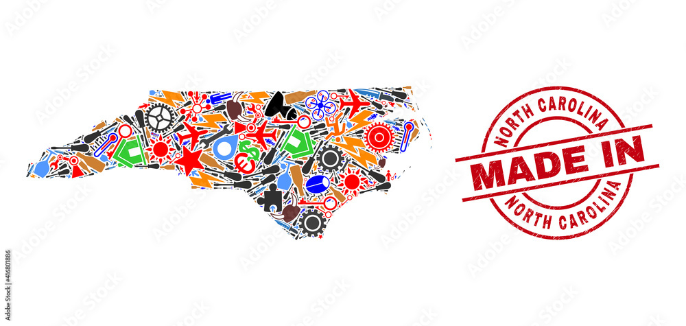 Development North Carolina State map mosaic and MADE IN textured rubber ...