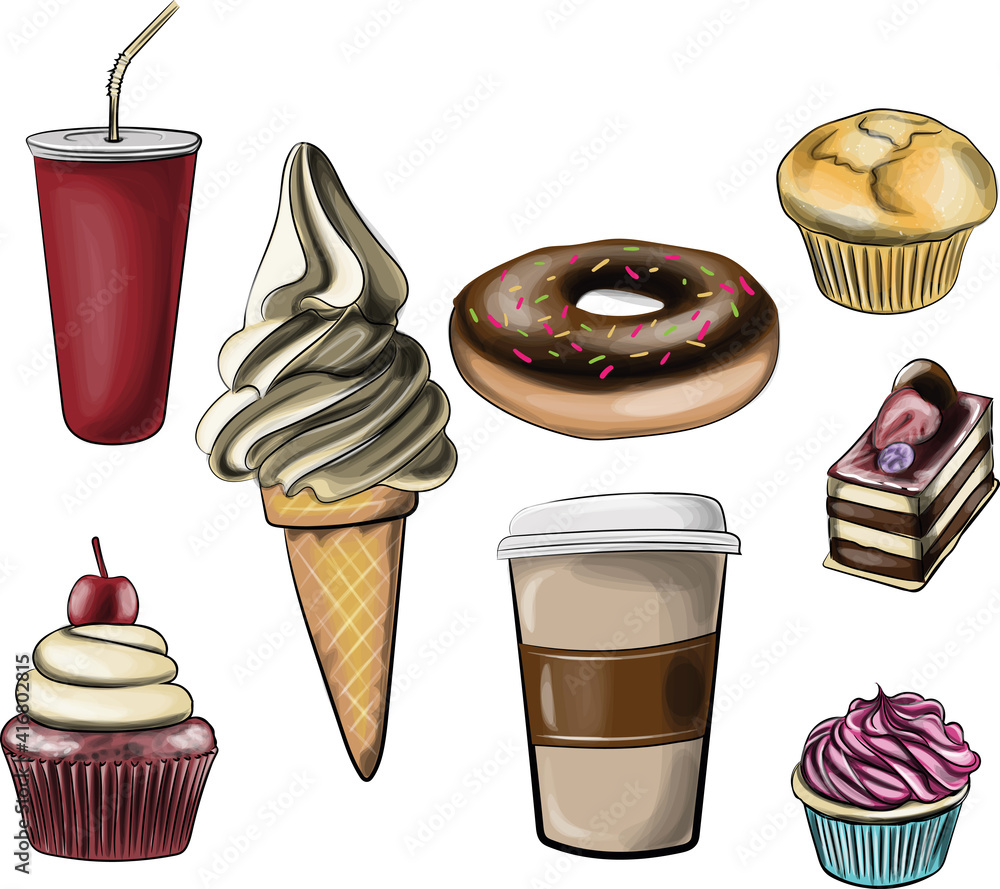 Fast Food Clipart Sweets . Coffee, cake and cupcake and ice cream and ...