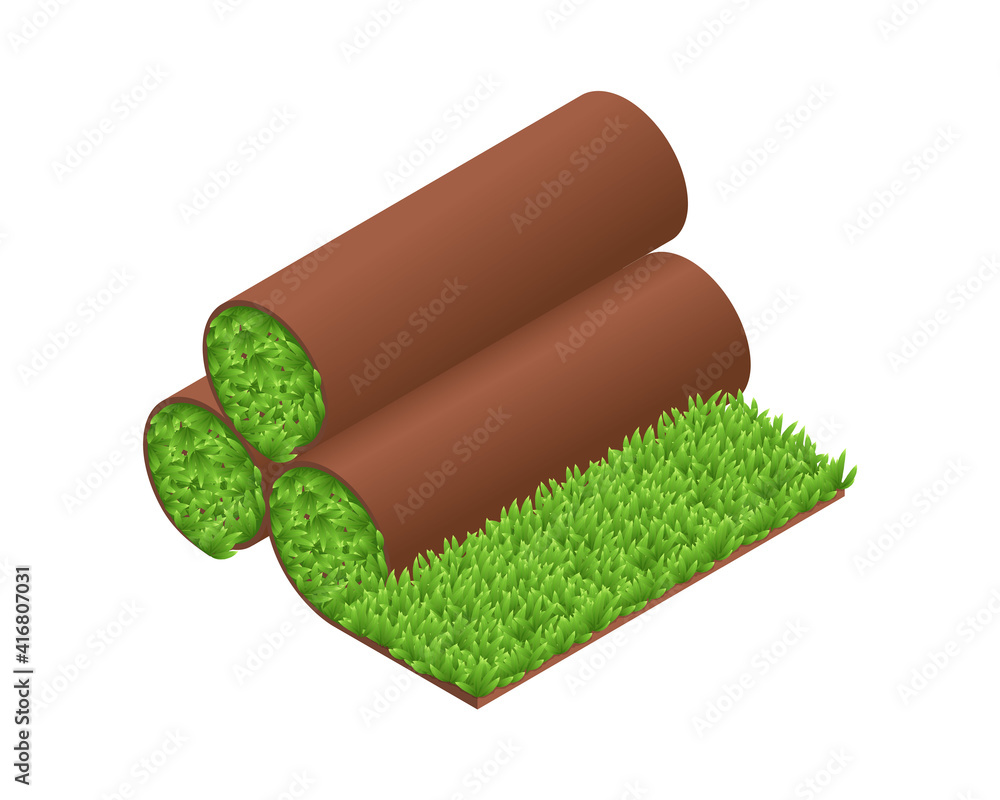 Isometric vector illustration green grass turf rolls isolated on white ...