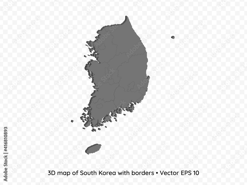 3D map of South Korea with borders isolated on transparent background ...