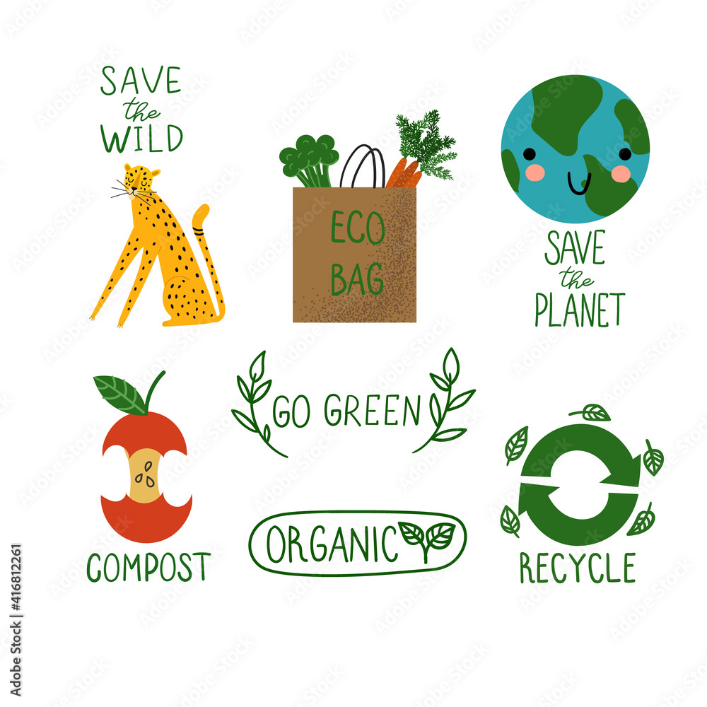 Eco set collection, slogans and signs. Save the wild animals, save the ...