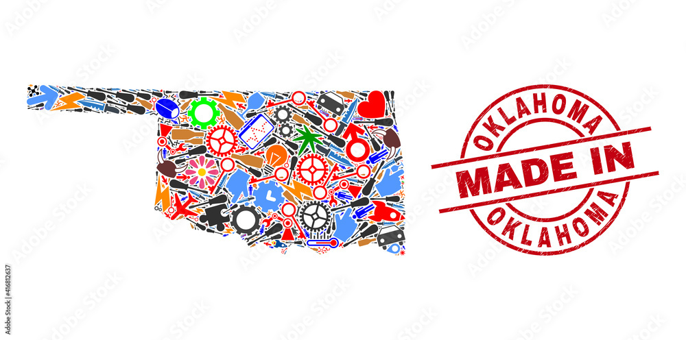 Service mosaic Oklahoma State map and MADE IN distress seal. Oklahoma ...