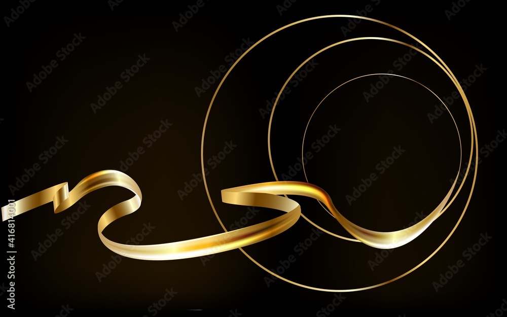 A gold ribbon passing into a frame of circles on a dark background ...
