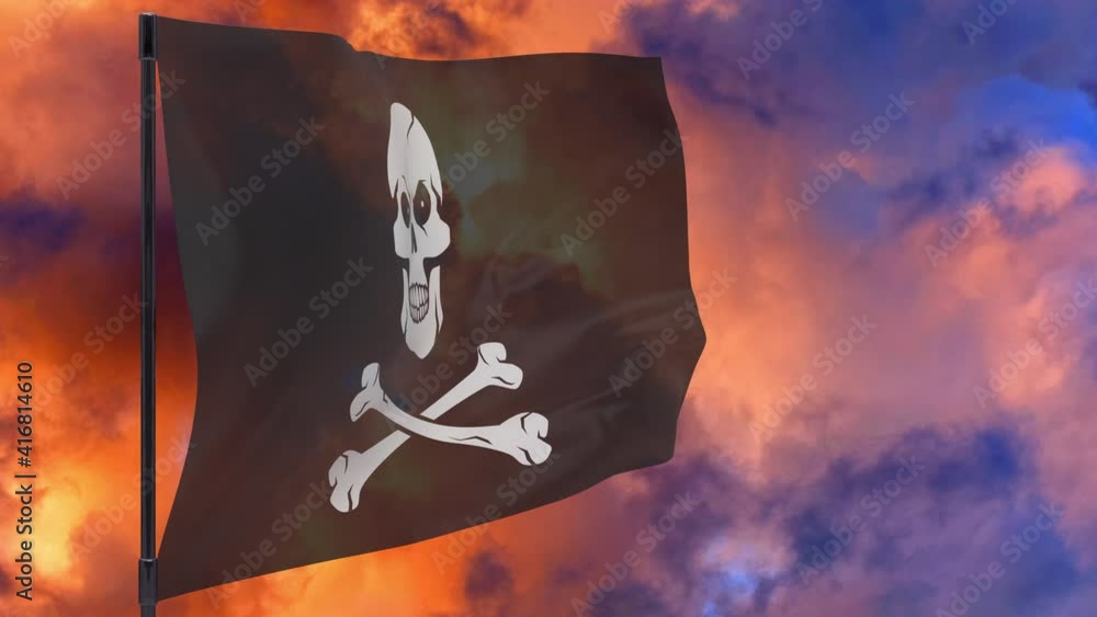 Pirate flag 3d seamless loop animation 4k. Pirate flag on pole with red ...