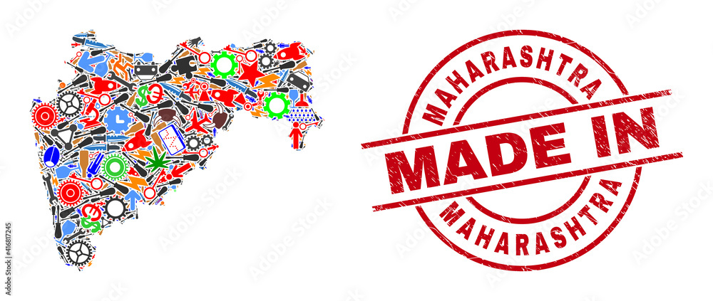 Service Maharashtra State map mosaic and MADE IN textured stamp seal ...