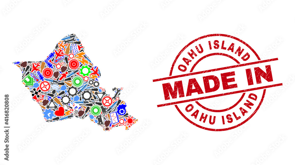 Service mosaic Oahu Island map and MADE IN grunge stamp. Oahu Island ...