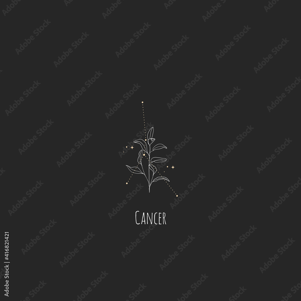 Hand drawing cancer constellation symbol with floral branch and stars ...