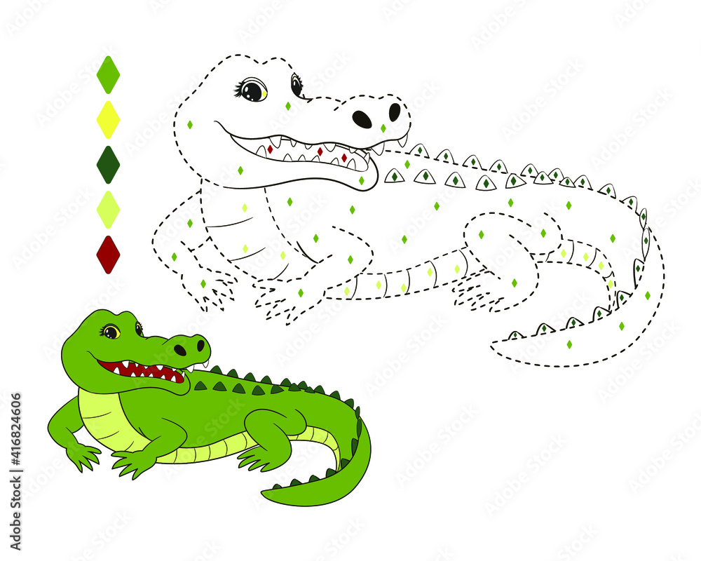 green crocodile coloring book by numbers, by color for kids. vector ...