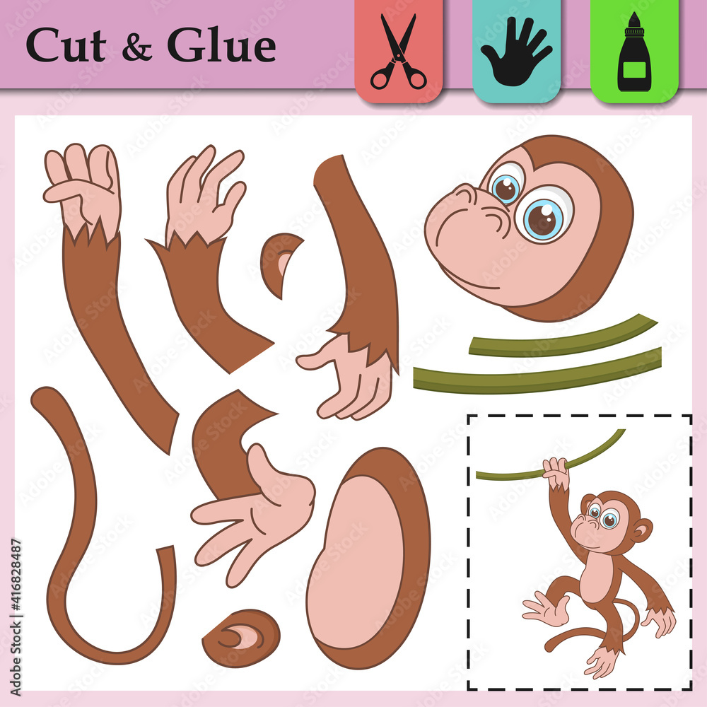 Paper game for kids. Create the applique cute Monkey. Cut and glue ...