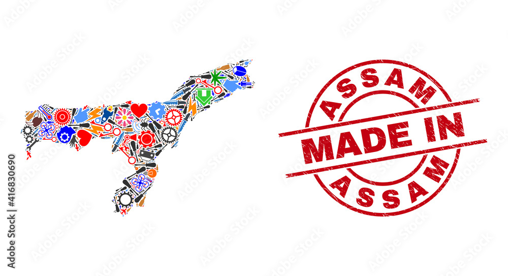 Service mosaic Assam State map and MADE IN scratched stamp seal. Assam ...