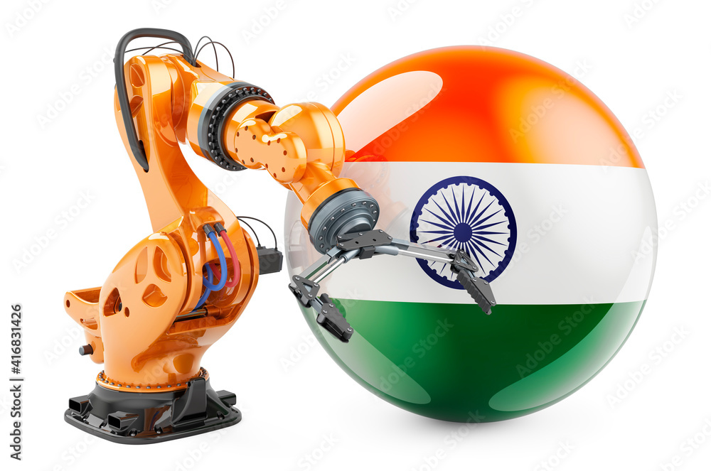 Robotic arm with Indian flag. Modern technology, industry and ...