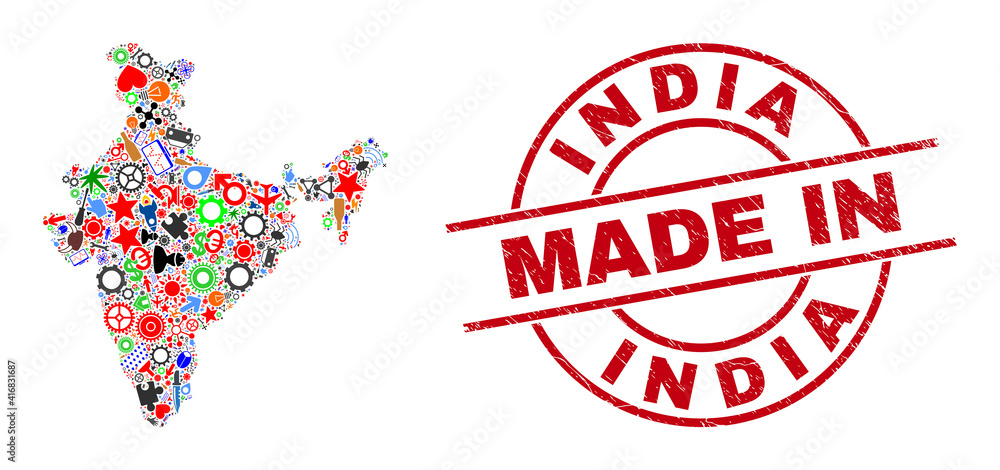 Development India map mosaic and MADE IN scratched rubber stamp. India ...