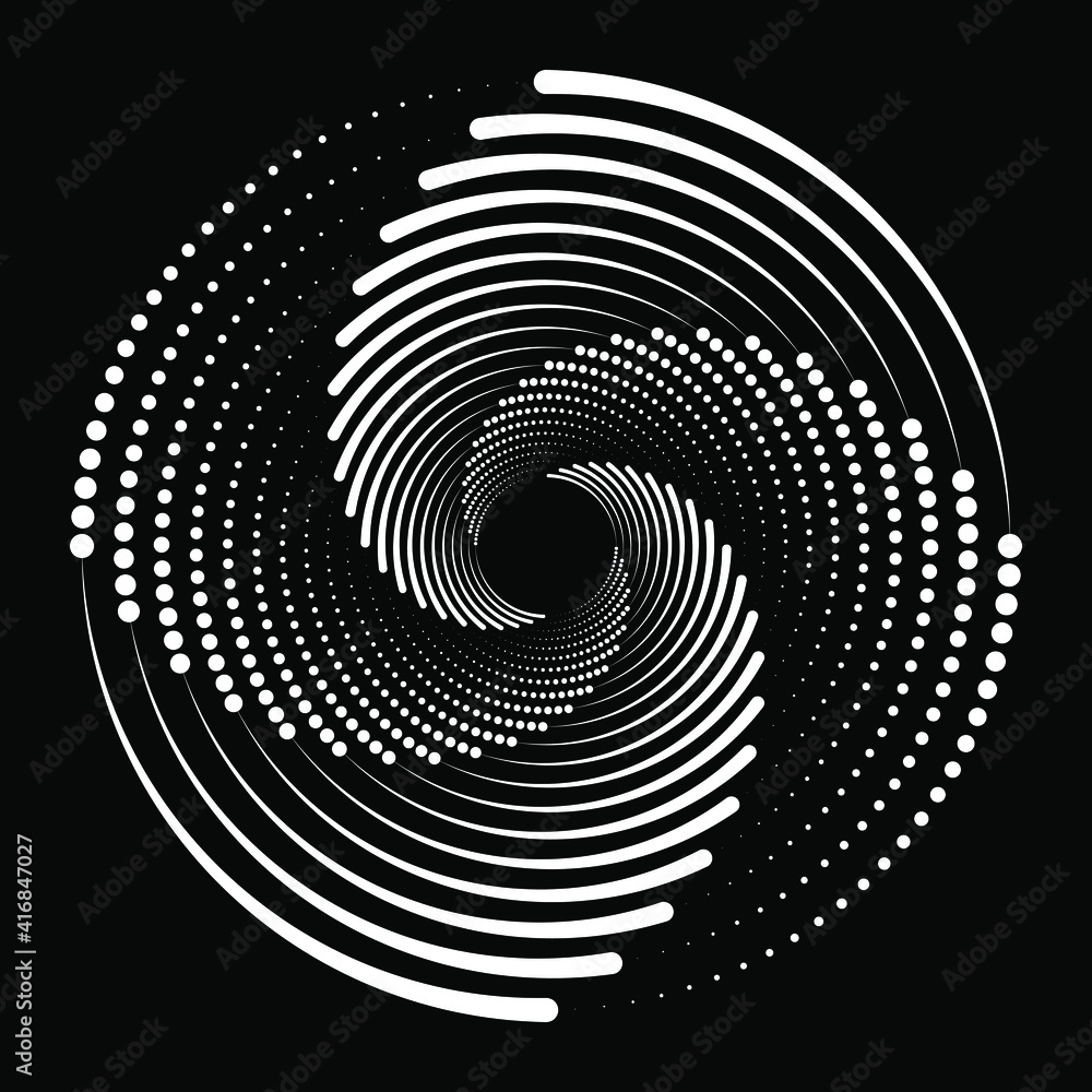 White halftone dots and lines in spiral form. Geometric shape. Vector ...