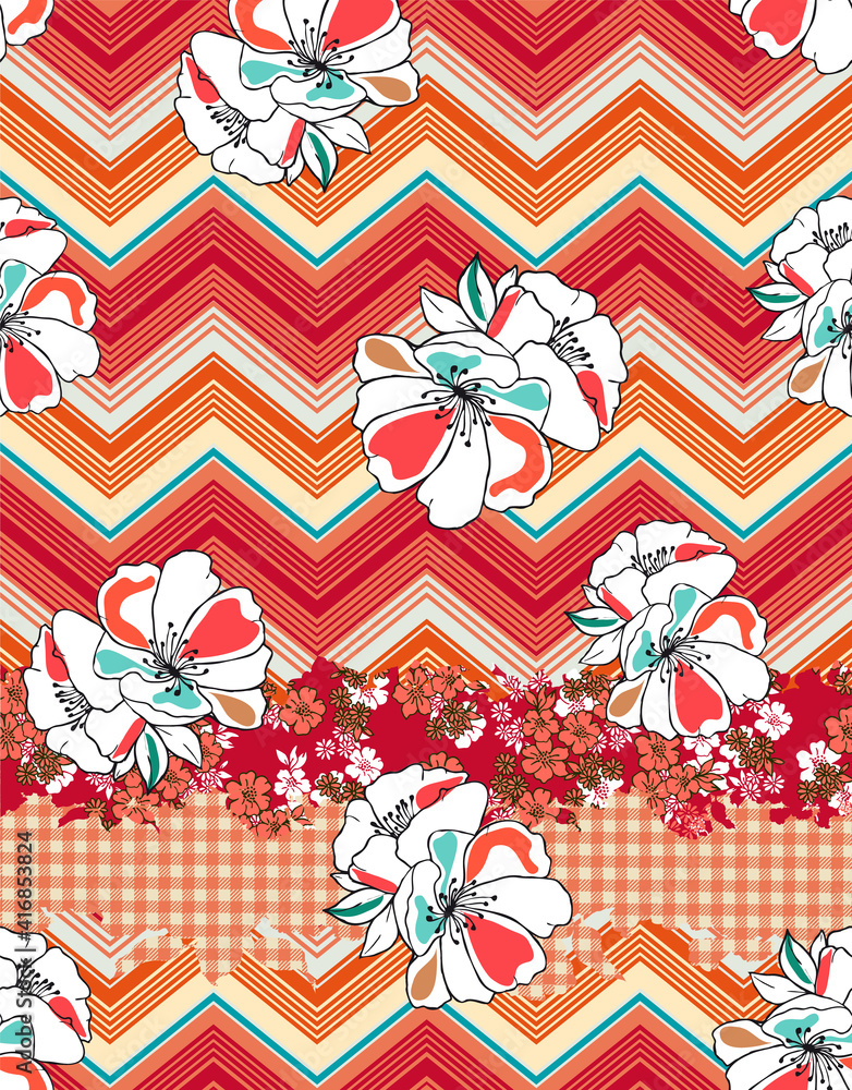 pattern design with flowers, zig zag stripes and gingham pattern in ...