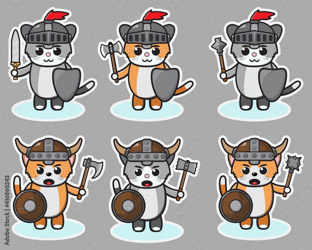 Vector illustration of cute Cat Knight cartoon. Cute Cat expression ...