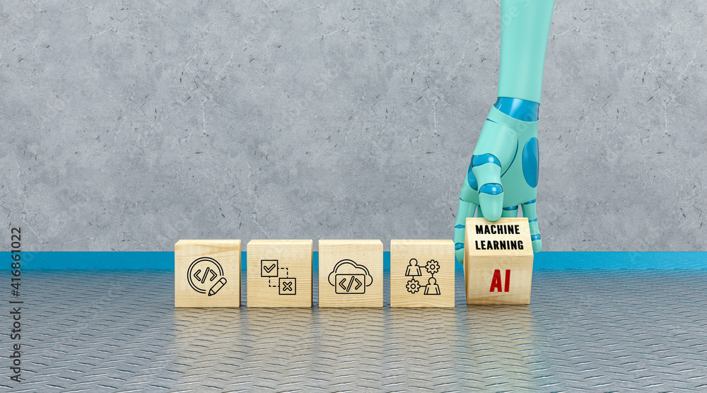 robot hand turning a cube with the text MACHINE LEARNING besides other ...