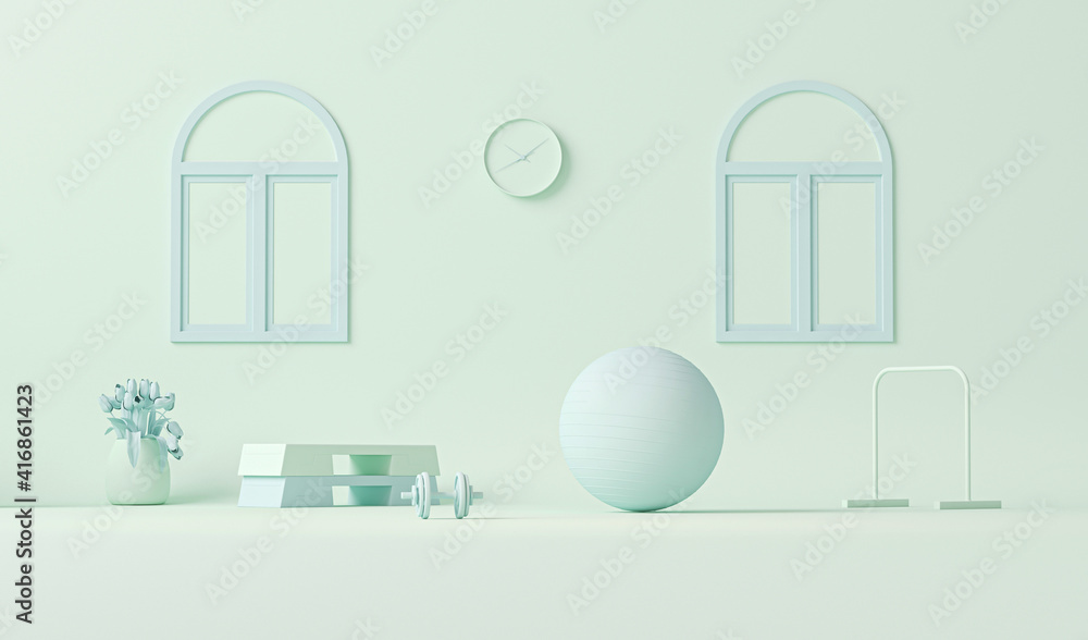 Fitness ball, weights and plants. Pastel blue and green colors scene ...