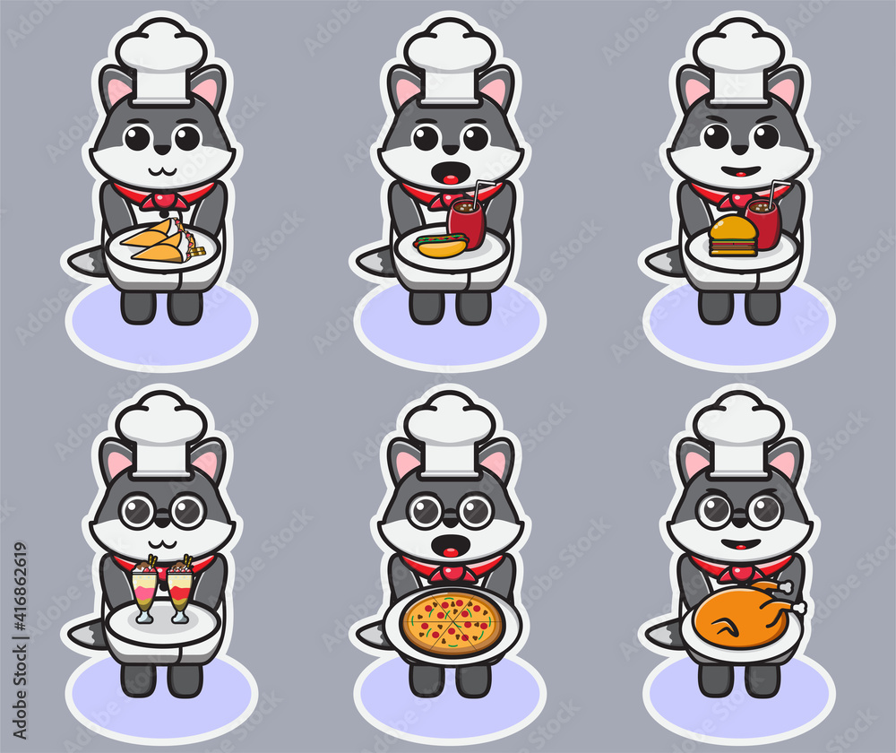 Vector illustration of cute Grey Wolf Chef cartoon with food. Cute Wolf ...
