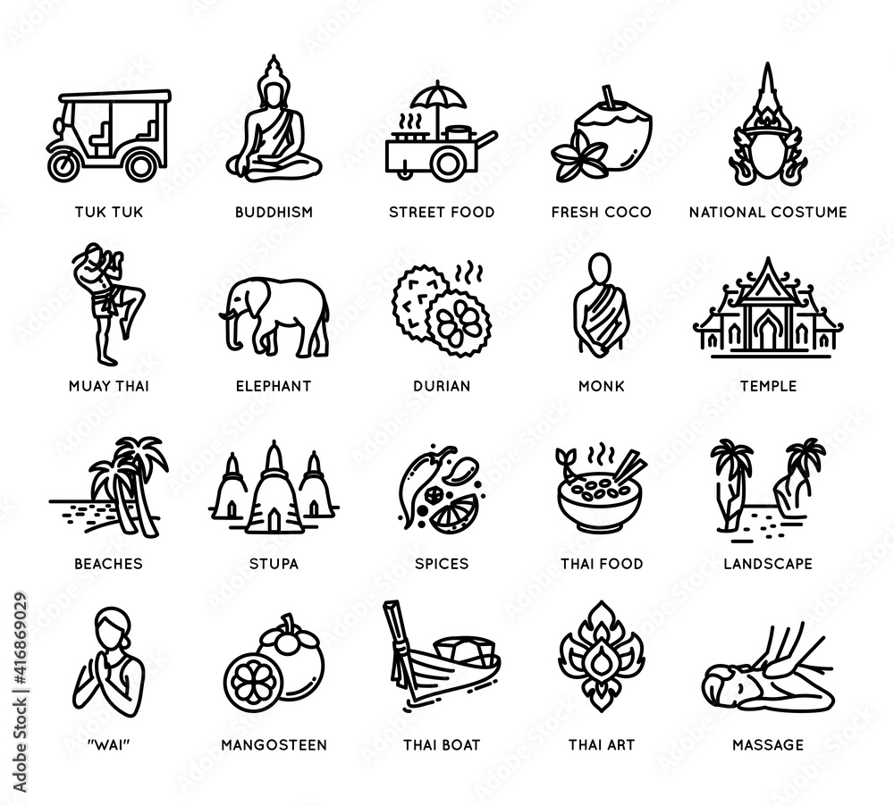 Thailand icon set - collection of vector thin line style icons, Thai ...