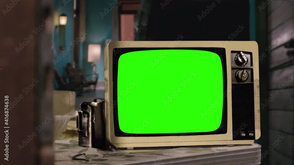 Vintage Television Set Green Background with Noise, Color Bars and ...