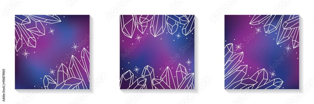 Vector square illustrations for social media. Healing crystals in space ...