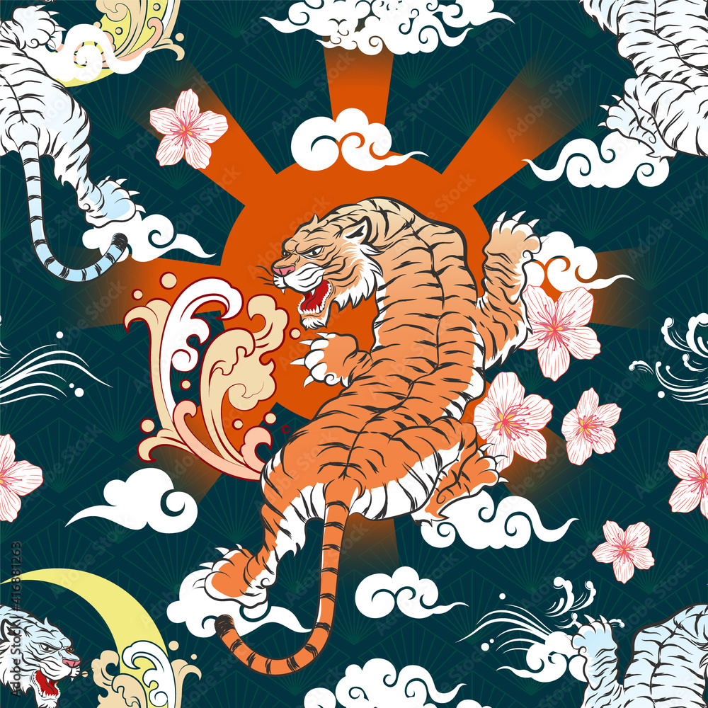 Seamless Art Japanese Repeat Pattern of Crawling White and Orange Tiger ...