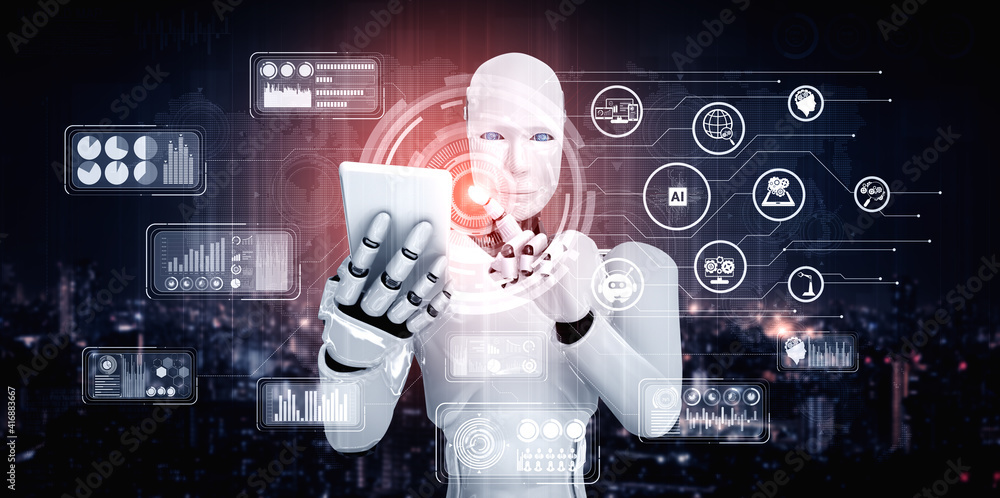 Robot humanoid use mobile phone or tablet for big data analytic using ...