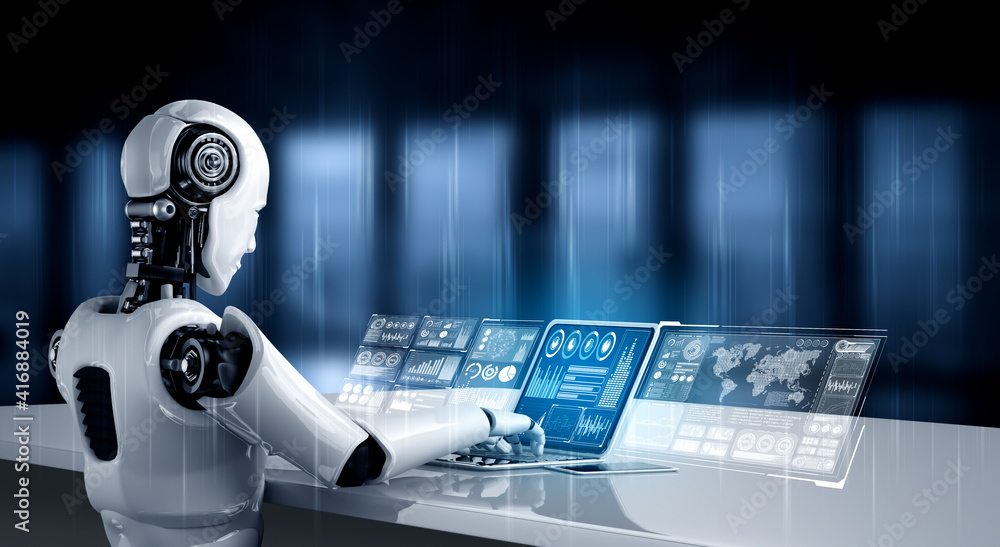 Robot humanoid use laptop and sit at table for big data analytic using ...