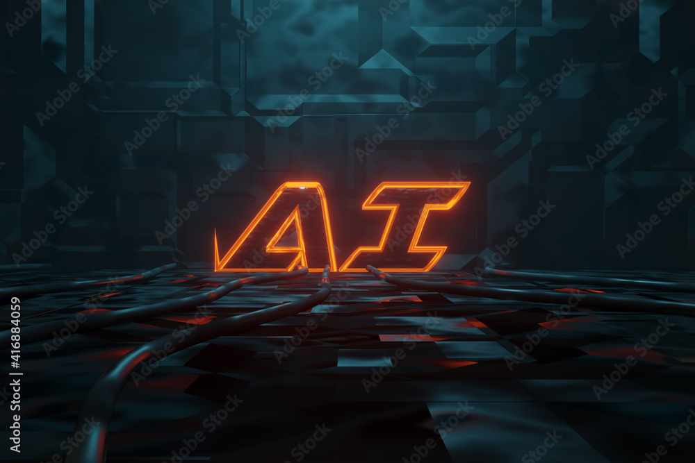 3D rendering of Cyberpunk word ai, artificial intelligence illuminated ...
