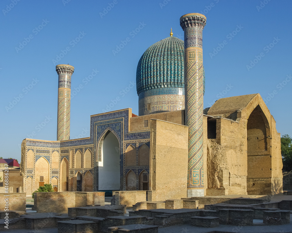 Sunset side view of landmark monument Gur e Amir, mausoleum of Amir ...