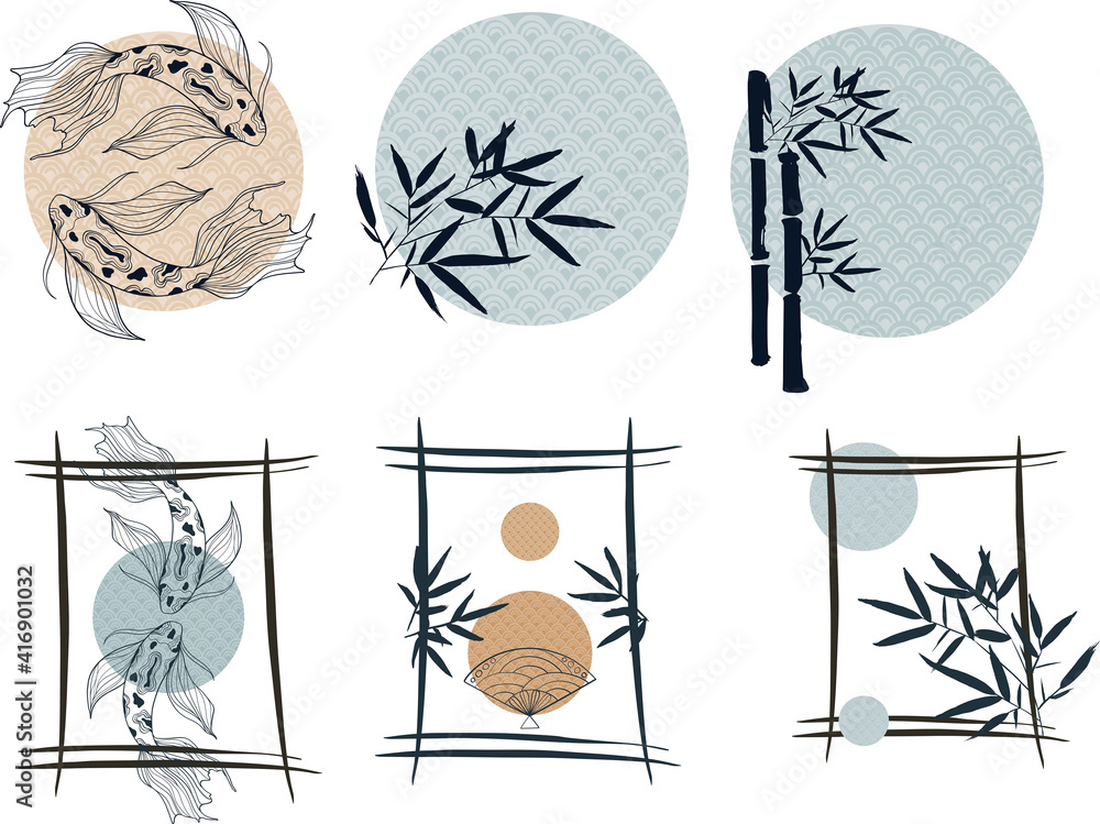 Set of pre-made Japanese design in blue, beige, cerulean color. Asian ...