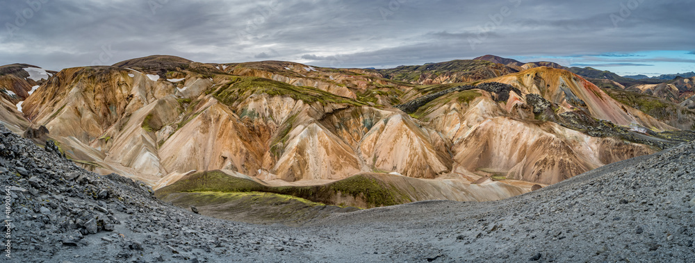 Beautiful panoramic Icelandic landscape of colorful rainbow volcanic ...
