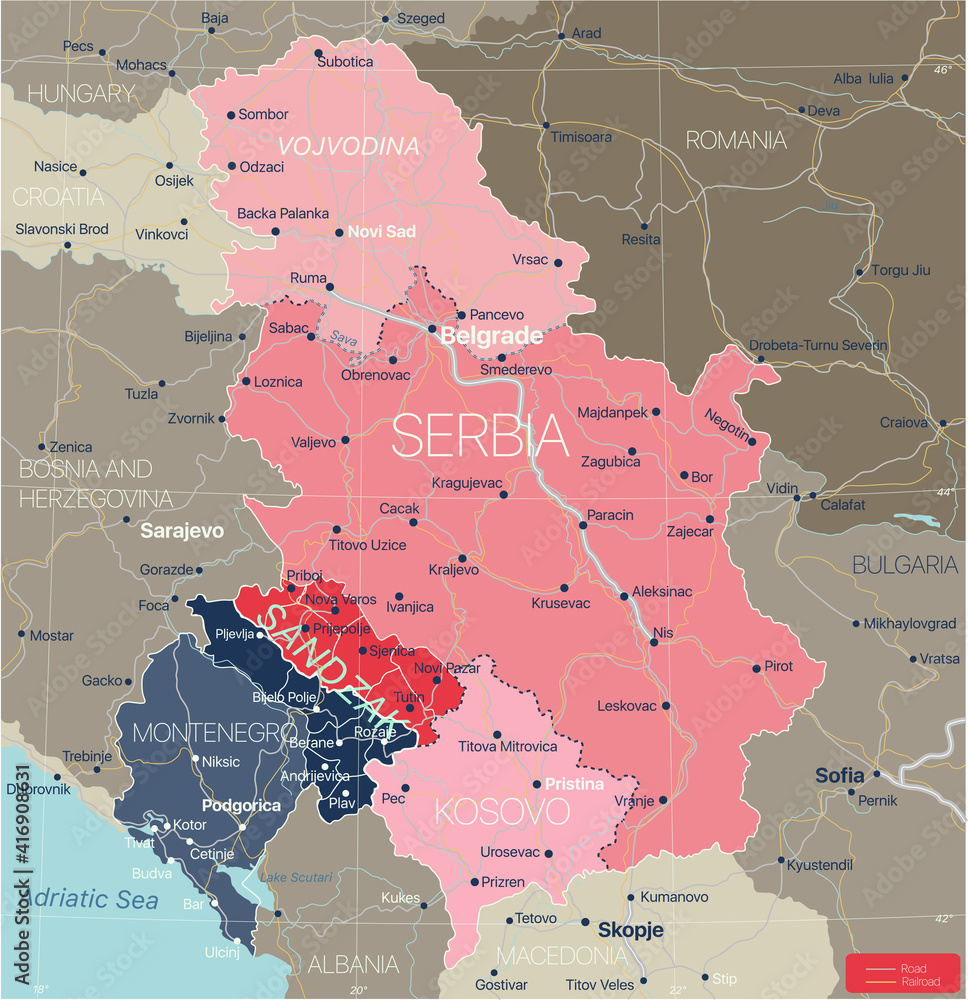 Fotografia Sanjak region in Serbia and Montenegro, detailed editable map with regions cities and ...