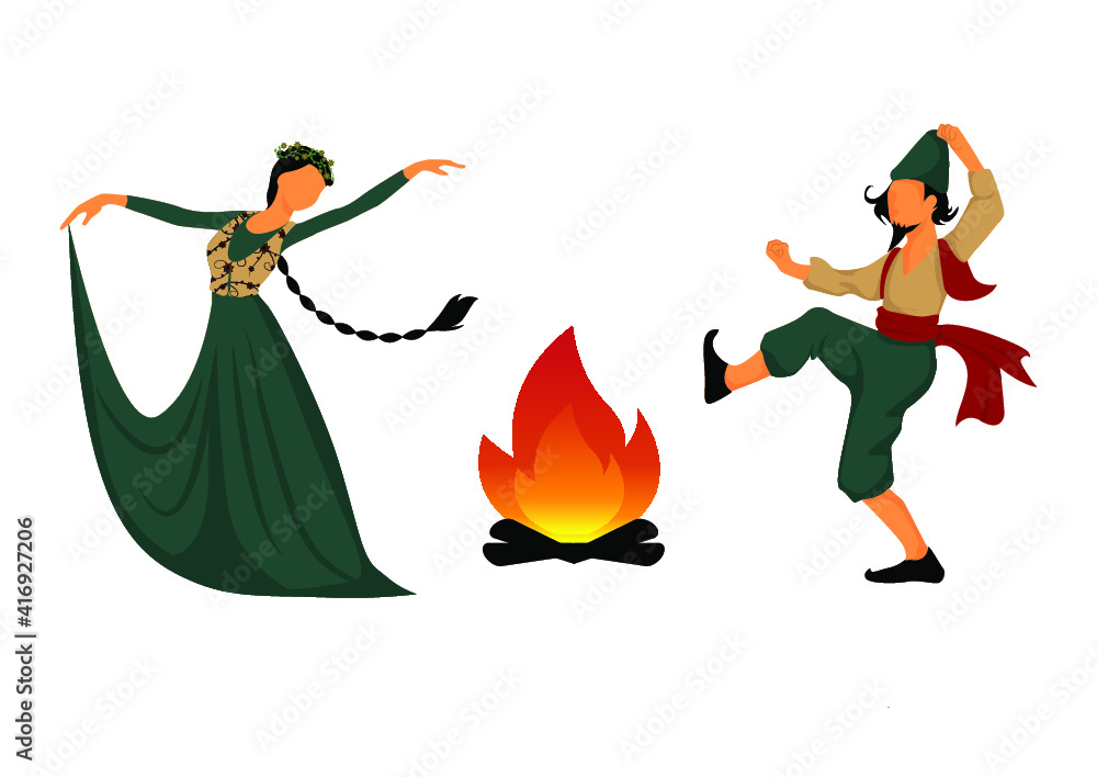 vector illustration for Novruz, Characters dancing around bonfire ...