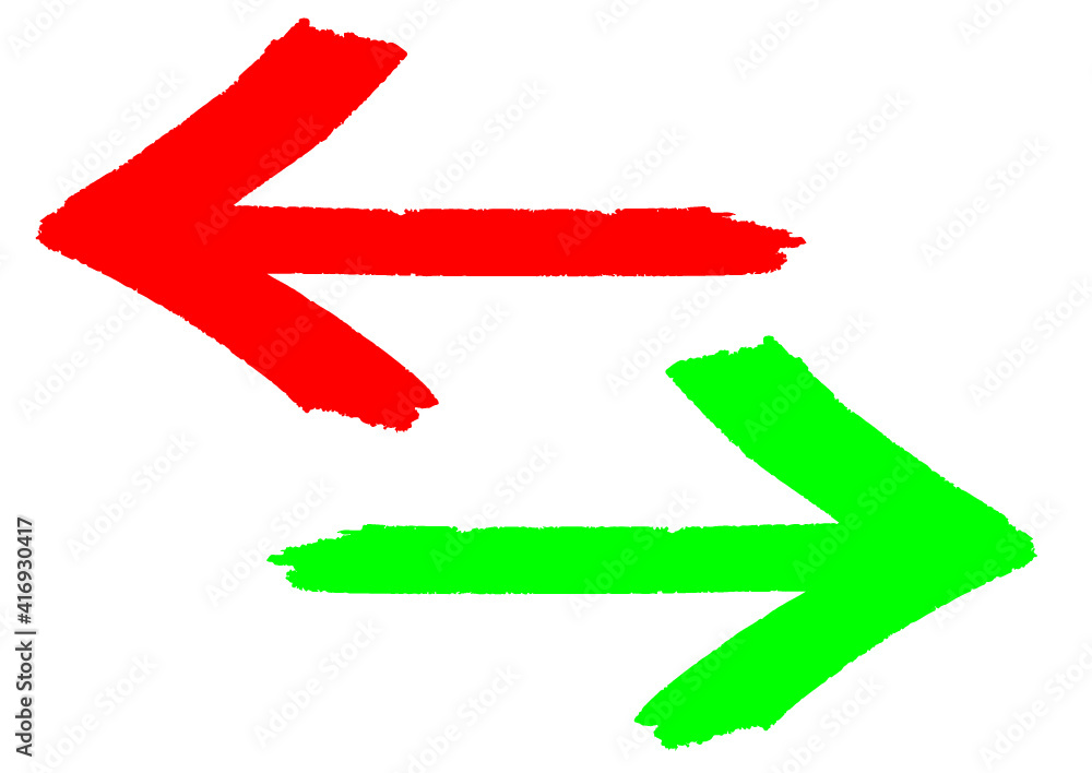Red and green grungy arrows direction signs painted with hand brush ...