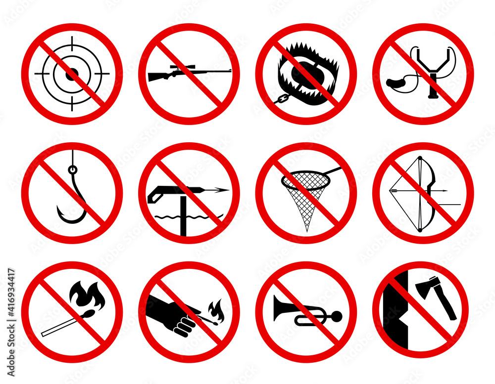 Set of prohibition signs for national park. Collection of signs that ...