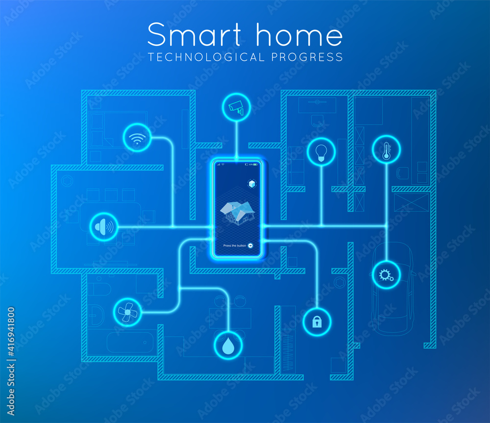 IOT concept. Smart home connection and control with smartphone through ...