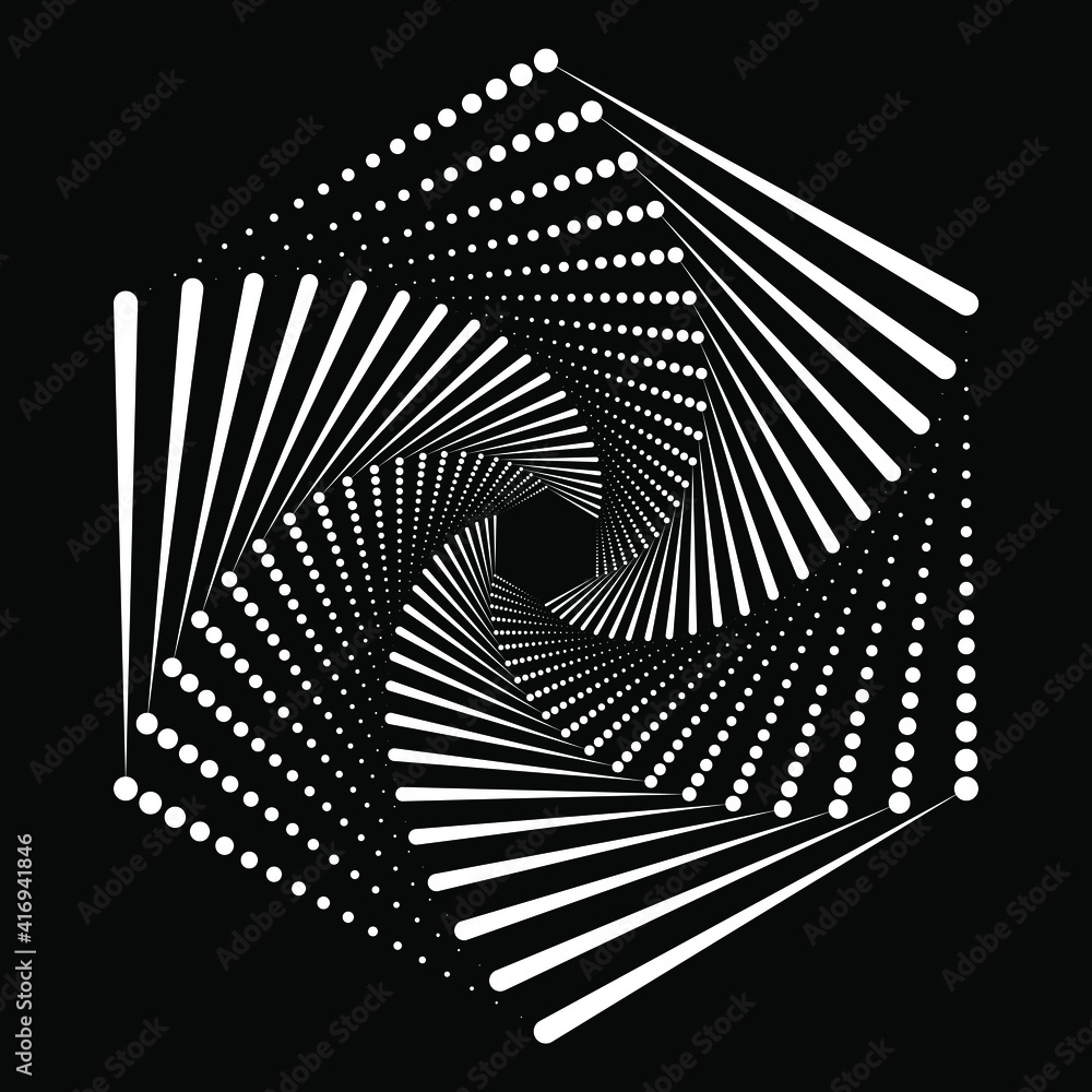 White halftone dots and lines in hexagon spiral form. Geometric shape ...