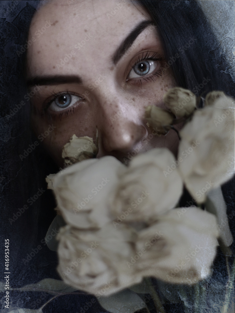 a young gothic girl, pale with freckles on her face and wearing lace ...