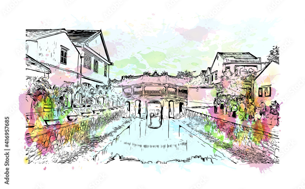 Building view with landmark of Hoi An is a city on Vietnam. Watercolour ...